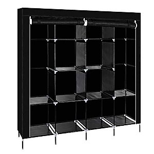 Knocbel 67" Tall Freestanding Closet Organzier Clothes Garment Rack Dustproof & Waterproof Fabric Cover with Storage Shelves 2 Hanging Rods & 4 Side Pockets (Black)