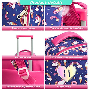 MOHCO Rolling Backpack for Kids Wheeled Backpack for Girls with Lunch Bag Pencil Case