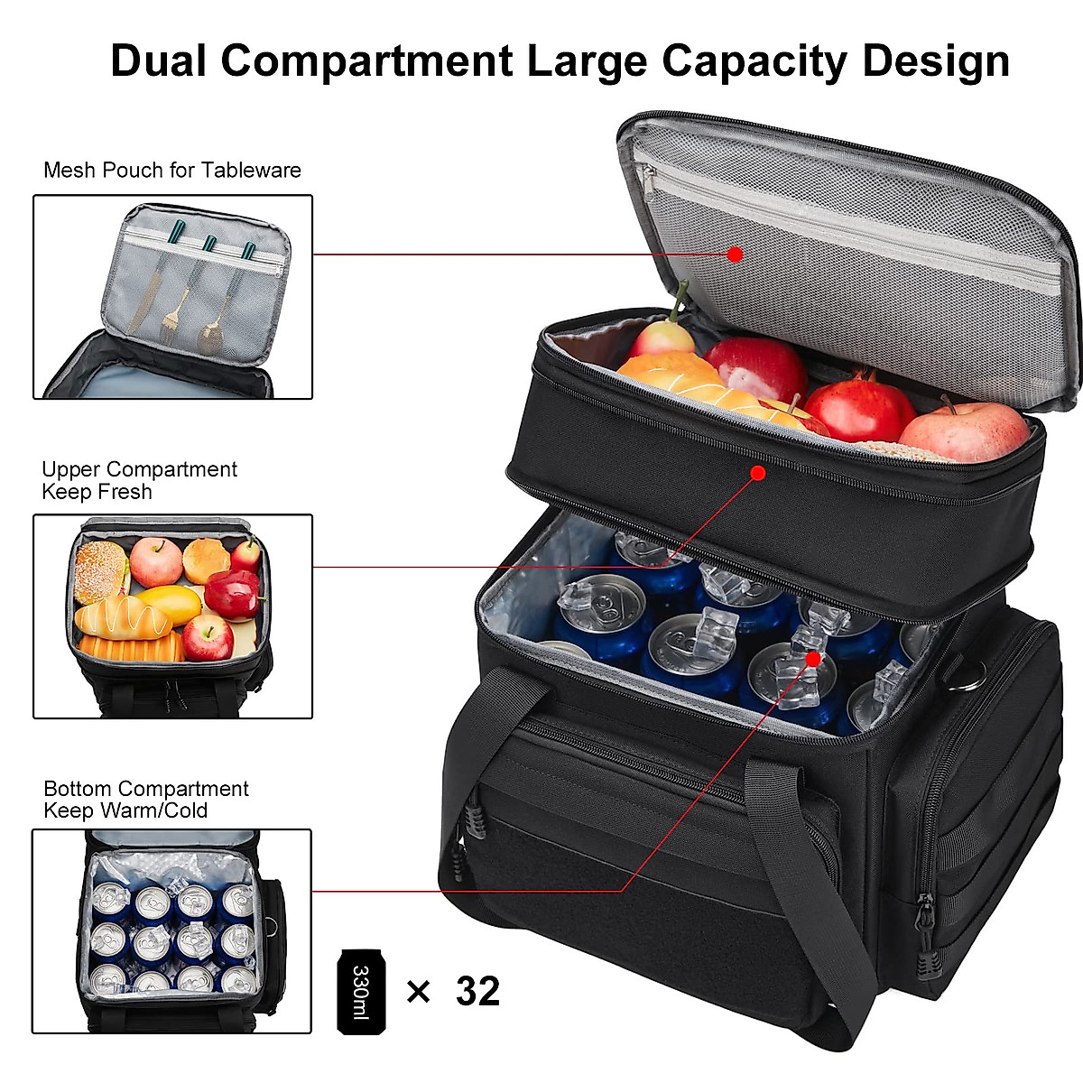 Gafetrey Large Tactical Lunch Box for Men, Insulated Lunch Bag Adult, Thermal Lunchbox Leakproof Waterproof Cooler Bag, Dual Compartment Lunch tote, Large Lunch Pail for Office Camping (Black) 24L