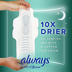 Always Pure Cotton, Feminine Pads for Women, Size 4 Overnight Absorbency, Multipack, with Flexfoam, with Wings, Unscented, 20 Count x 3 Packs (60 Count total)