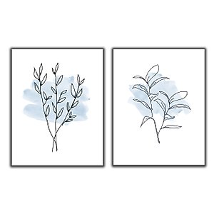 Line Art Botanicals with Blue Watercolor Brushstrokes Wall Print - Set of 2 11x14 UNFRAMED, Abstract Decor. Clean, Contemporary Sketches of Branches with Leaves.