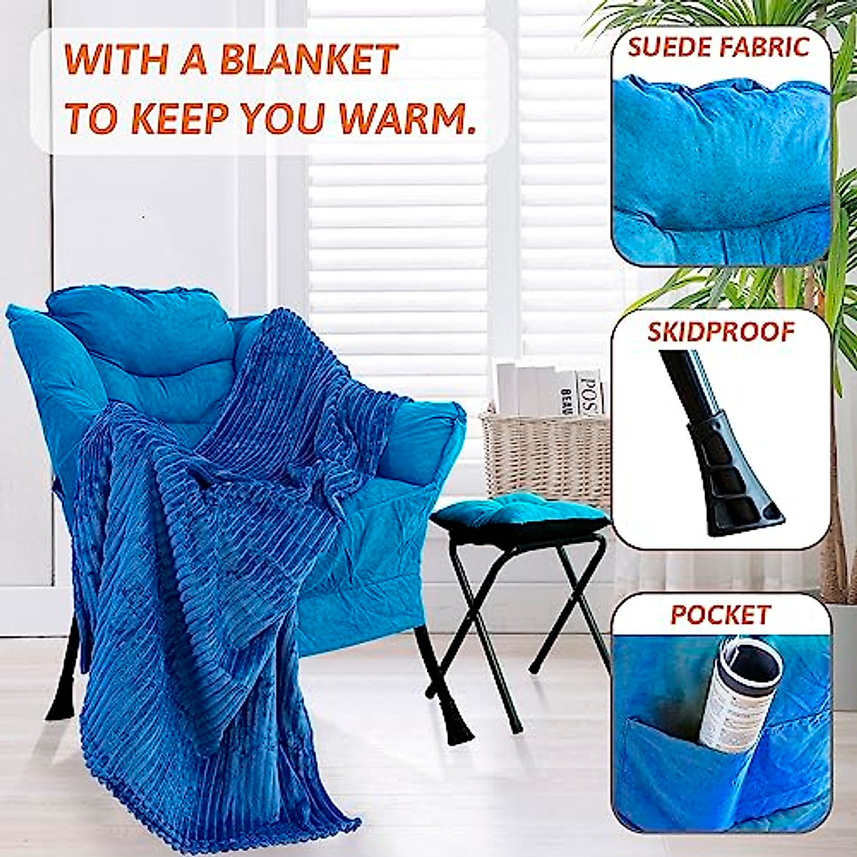 HIGOGOGO Modern Fabric Living Room Chair with Folding Footrest Stool, Sofa Chair with Portable Ottoman, Recliner Chair Steel Frame Leisure Bedroom Chair and Anti-Slip Footstool,Blue