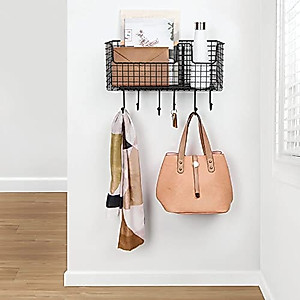 mDesign Metal Wire Farmhouse Wall Decor Storage Organizer Basket with 6 Hooks for Entryway, Hallway, Mudroom, Bedroom, Bathroom, Laundry Room - Wall Mount - Black