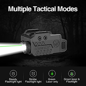 SOLOFISH 450lm Slidable Pistol Light Laser Combo for Compact Rail, Shockproof Gun Light and Green Laser Sight with Strobe & Memory, Rechargeable