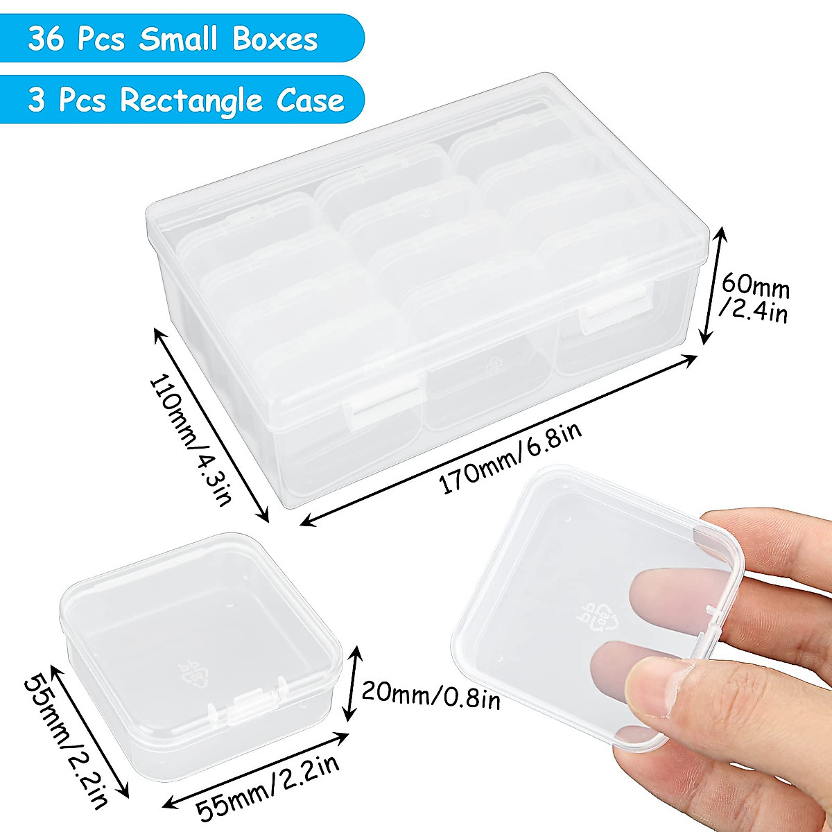 36 PCS Small Bead Organizers with 3 PCS Hinged Lid Rectangle Clear Craft Case, Mini Plastic Bead Storage boxes Containers for Storage of Small Items, Jewelry, Diamonds, DIY Art Craft Accessory