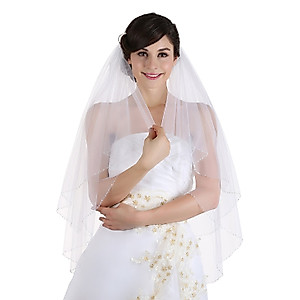 SAMKY 2T 2 Tier Beaded Edge Circular Veil - Light Ivory Clear Crystal Fingertip Length 36"
