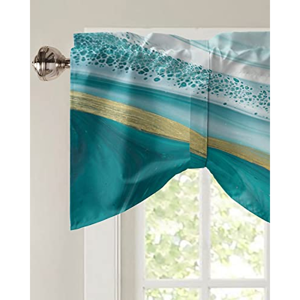 Abstract Tie Up Valance for Kitchen Windows, Turquoise White Gold Marble Texture Tie-up Curtain Shade Valances 42"x12" Rod Pocket Short Curtains Window Treatment for Living Room Stone Fluid Art