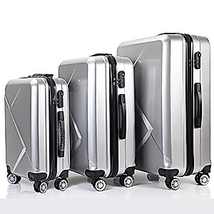 Tiktun Luggage, PC+ABS Hardshell Lightweight Durable Spinner Wheels Suitcase, Silver, 3-Piece Set (20"/24"/28")