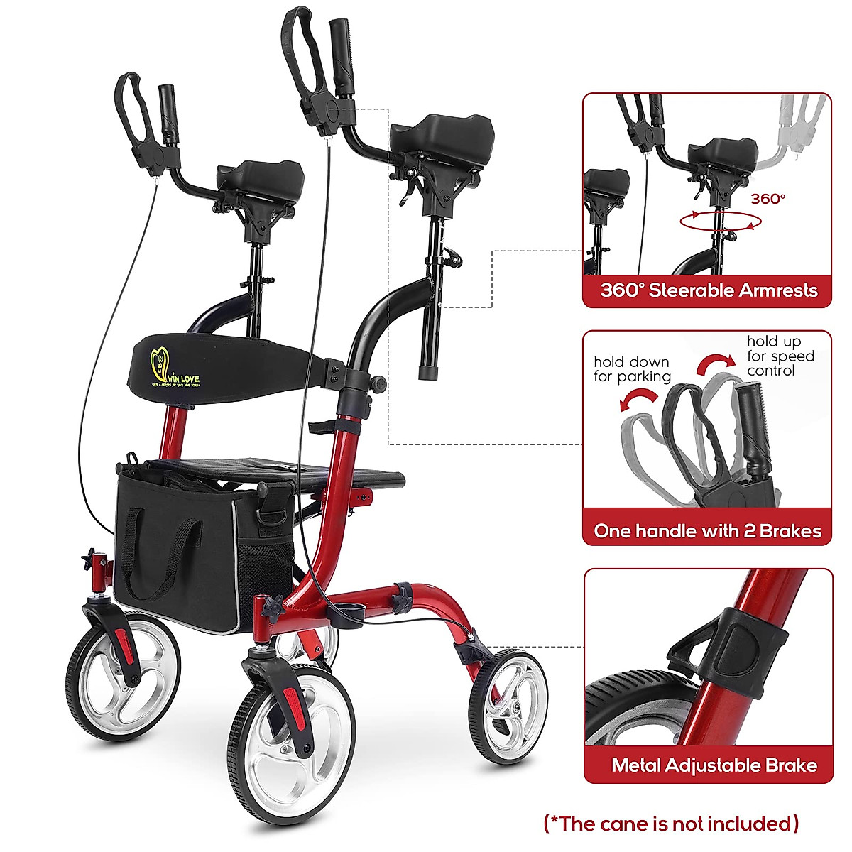 WINLOVE Upright Rollator Walkers for Seniors Stand Up Aluminium Tall Walker Light Weight for Rolling Mobility Walking Aids Red