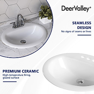 Bathroom Vessel Sink, DeerValley, 20”x17” Oval Ceramic Drop-in Sink for Bathroom White Vessel Sink Modern Art Basin Bathroom Sink with Overflow and Three Faucet Holes at 1.25”, DV-1DS0120