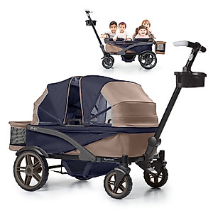 Gladly Family Anthem4 Quad All-Terrain Wagon Stroller with Easy Push and Pull, Removable XL Canopies, and Sturdy, Safe Folding for Storage and Transport, Sand & Sea