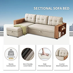 Acosure 84" Convertible L-Shape Pull Out Couch with Wooden Storage Chaise and Handrail,Sleeper Sectional Sofa Bed W/ 3 Movable Back Cushions,for Living Room,Office,Beige