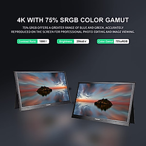 Thinlerain 4K Portable Monitor, 15.6" USB C Monitor IPS UHD 3840X2160 External Monitor with 75% sRGB 250 Nits Brightness, USB C HDMI USB, Compatible for Laptop,PC, Phone