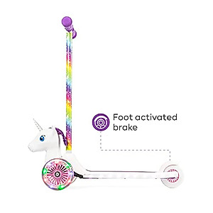 Dimensions Unicorn Kick Scooter for Kids, Self-Balancing 3 Wheeled Light Up Scooter with Extra Wide Anti-Slip Deck, Rear Brake, Lean to Steer, Lightweight Design, for Kids 3 and up, 75 LB Limit