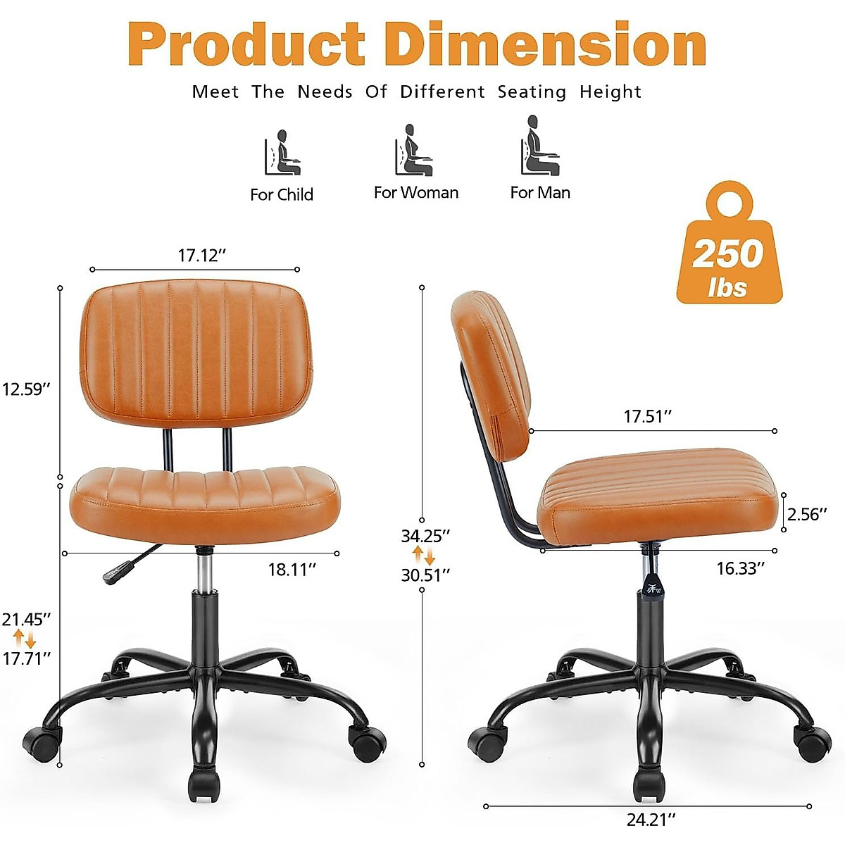 Armless Desk Chair - Small Home Office Chair with Wheels, PU Leather Low Back Task Chair with Lumbar Support, Adjustable Height 360° Rolling Swivel Computer Chair without Arm for Small Space
