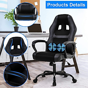 Office Chair Gaming Chair Ergonomic Desk Chair Massage Racing Chair with Lumbar Support & Armrest Rolling PU Leather High Back Computer Chair PC Swivel Executive Chair,for Men Women, Black