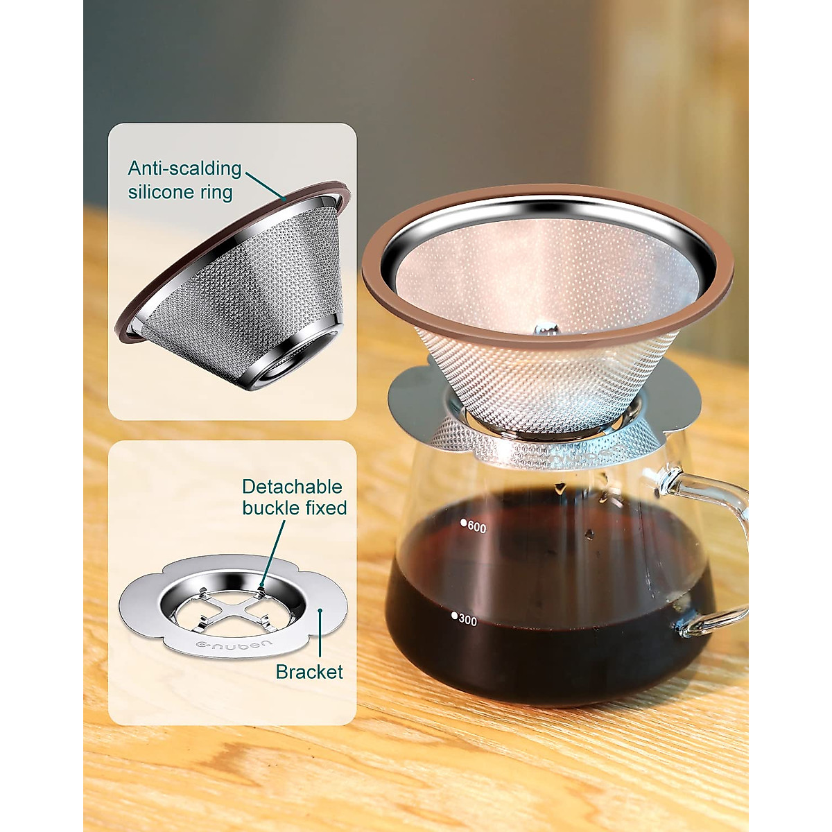 Cnuben Coffee Dripper Cone,Without Filter Stainless Steel Reusable Pour Over Coffee Filter 1-3 Cup Paperless Metal Cone , Cnuben W60