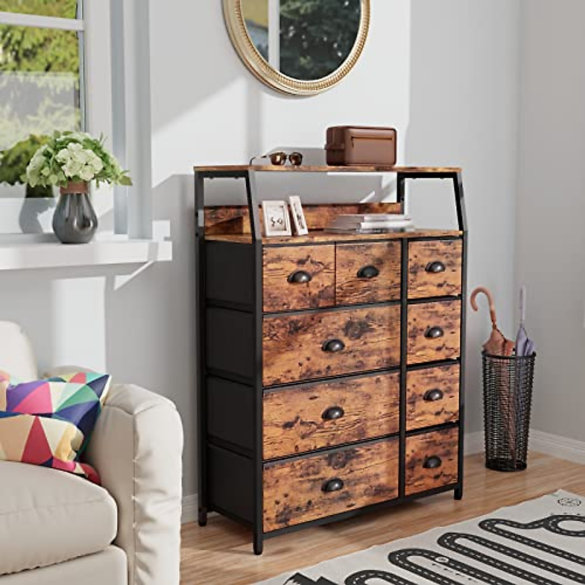 Furnulem 9 Drawer Dresser Large with Shelf, Tall Closet Storage Organizer for Bedroom, Fabric Storage Dresser, Wooden Top, Living Room, Entryway-Industrial Style (Rustic Brown, 31.5"x11.4"x39.8")