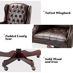 HULALA HOME Managerial Executive Swivel Office Chair with Height-Adjustable, Tufted Back & Nailhead Trim, High-Back Desk Chair for Home & Office, Faux Leather (Brown)