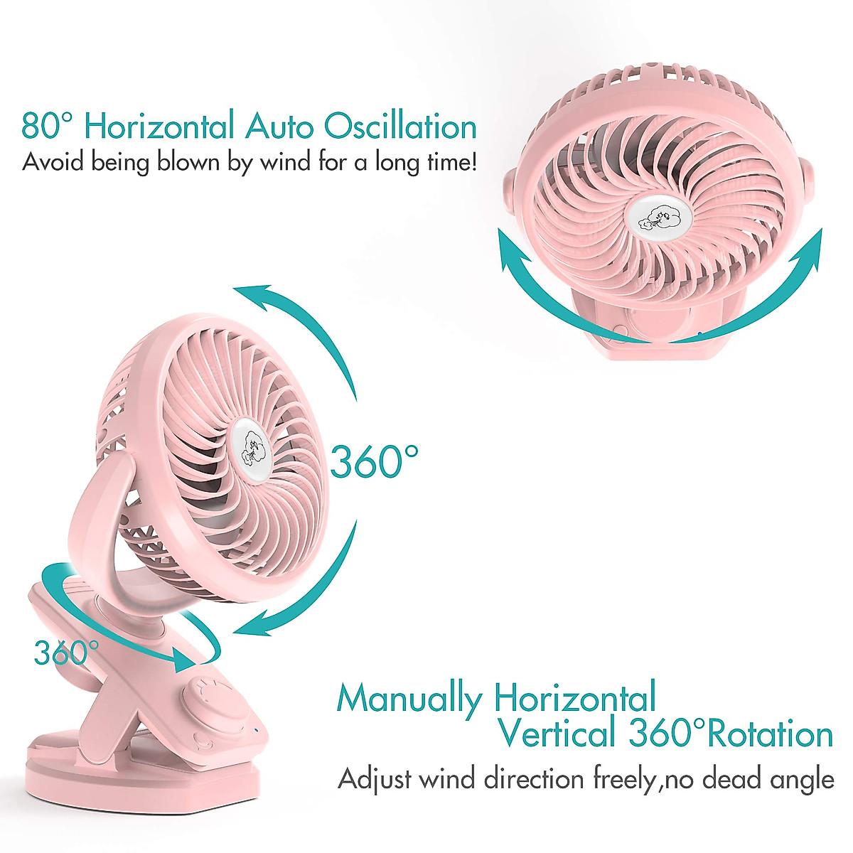 COMLIFE F170 Clip On Fan - Auto Oscillation Personal Fan - 5000 mAh Battery Operated Fan, USB Desk Fan Stepless Speeds Control, Powerful Airflow for Hurricane, Camping, Office, Car(Pink)