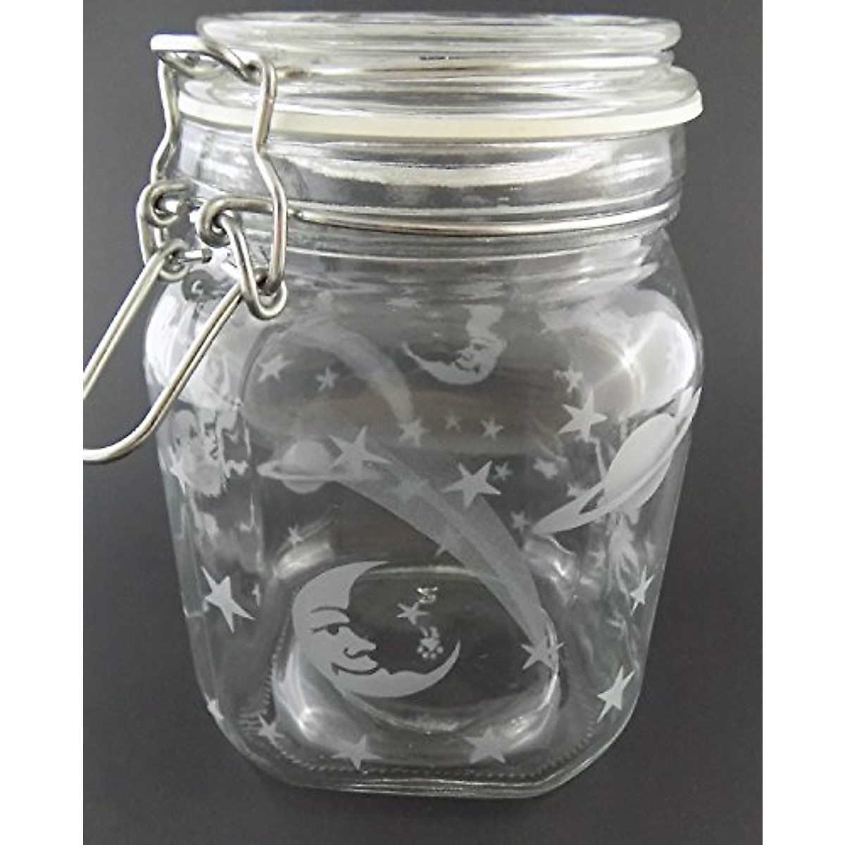 IncisoArt Hand Etched Glass Jar Airtight Canister Sandblasted (Sand Carved) Handmade Engraved Locking Wire Clamp Lid (Sun Moon Stars Planets, 38 Ounce)