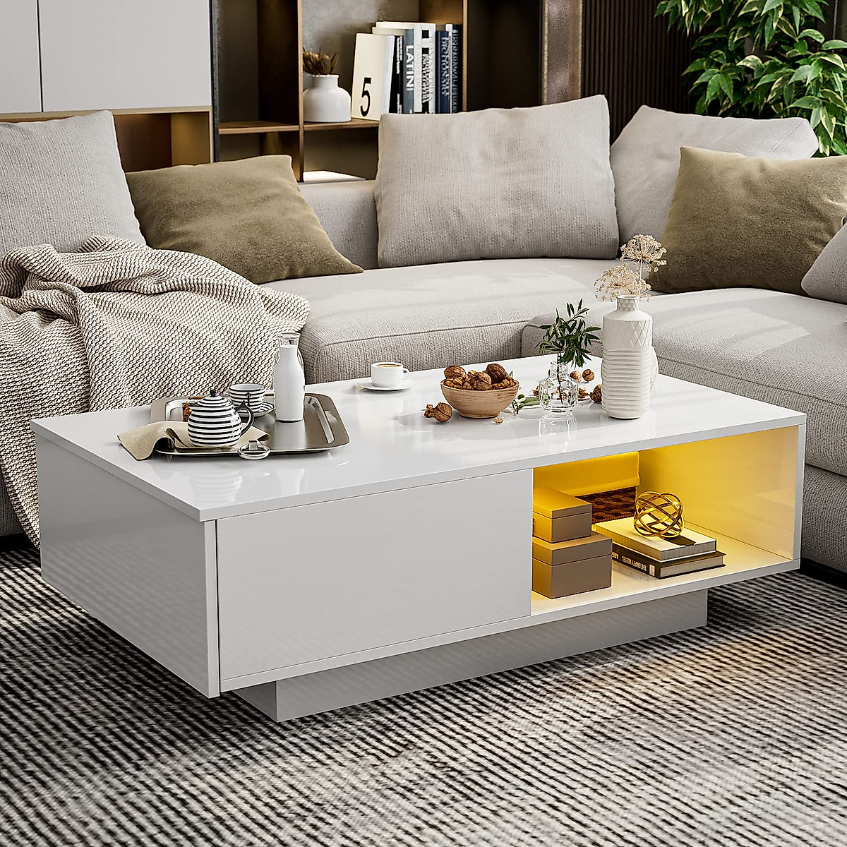 IKIFLY Modern LED Coffee Table with A Drawer, White High Glossy Coffee Table with 16 Colors LED Lights for Living Room