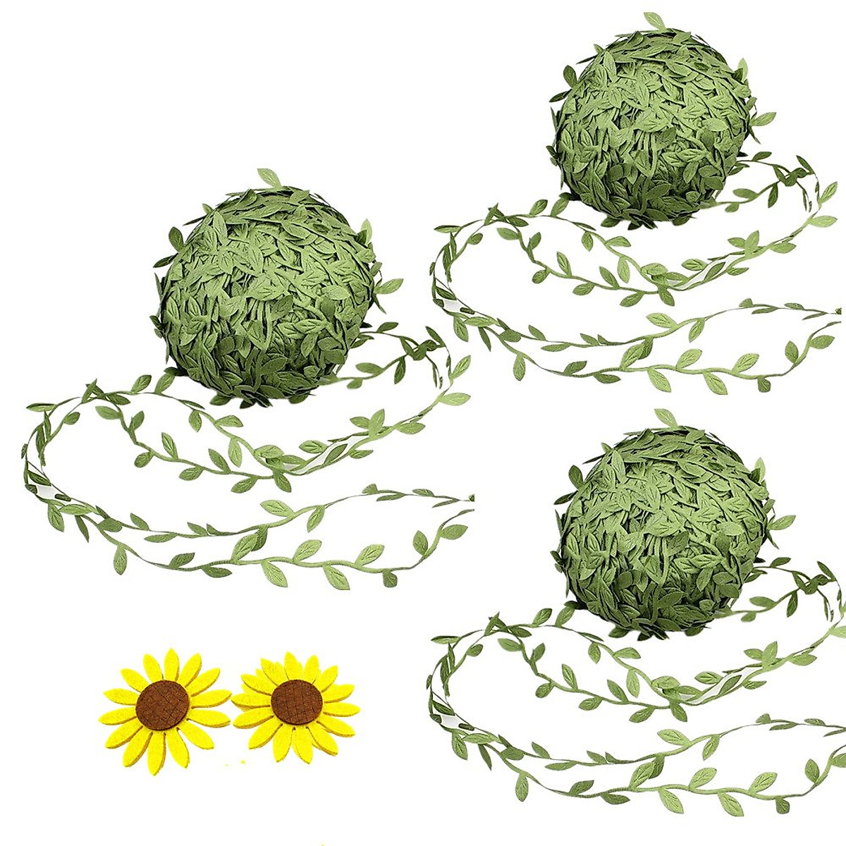 3 Rolls 22Yards Artificial Ivy Leaf Ribbon Fake Olive Green Vines Trim Jungle Garland with Sunflower Felt Applique for Rustic Wrapping Wedding Home Garden Decoration Craft Supplies