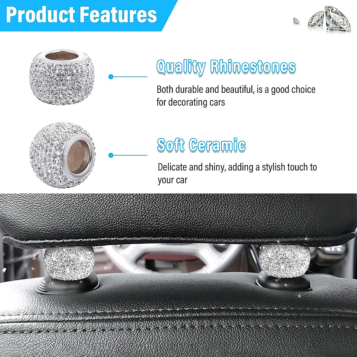 Kewucn 4 Pack Car Headrest Collars, Bling Auto Head Rest Collar Decor Rings, Crystal Diamond Vehicle Seat Collars Rings, Universal Car Interior Decoration Accessories for Most Cars (White)
