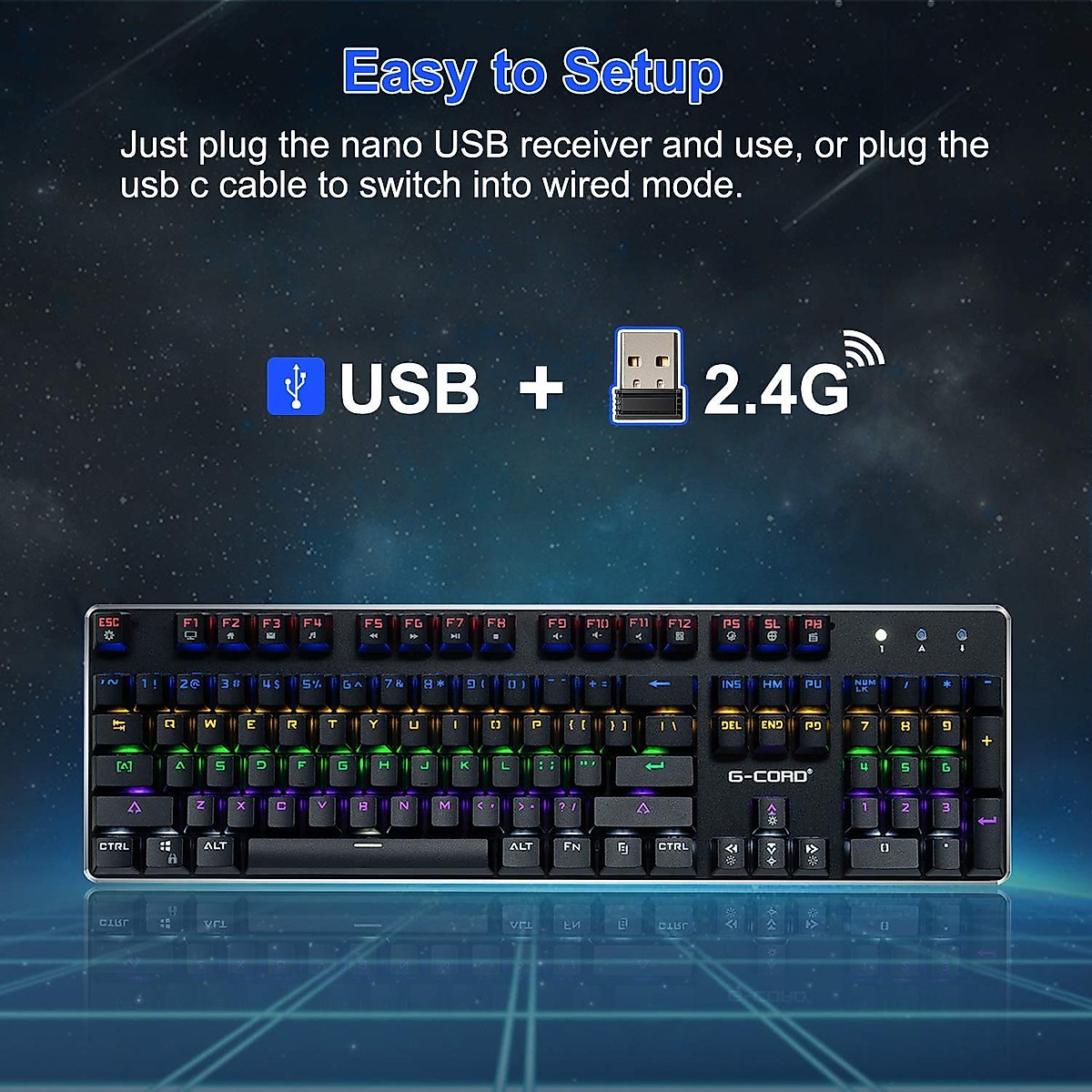 G-Cord Wireless Gaming Keyboard Mechanical, Wired Keyboard LED Backlit, 104 Keys Full Size, Aluminum Top Frame