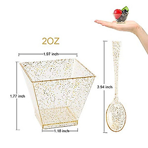 I00000 200 Pieces Small Plastic Dessert Cups with Mini Spoons Gold Glitter, Premium Quality, Includes Disposable Square Cups 2 Oz and 100 Pieces Gold Spoons