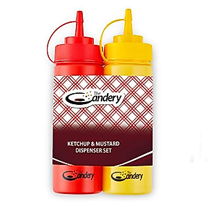 The Candery All-in-One Hot Dog Accessories Set- Ketchup & Mustard Squeeze Bottles - BBQ Tongs - 50 Red/White Hot Dog Trays for Carnivals, BBQs, Picnics, Concession Stands (Tongs,Trays Squeeze Bottles)