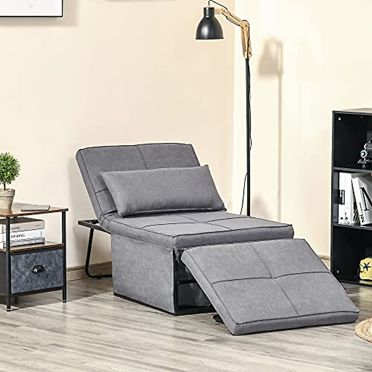 HOMCOM 4-in-1 Multi Function Folding Single Sofa Bed with Retractable Footrest, Convertible Sleeper with Adjustable Backrest for Living Room and Small Spaces, Grey