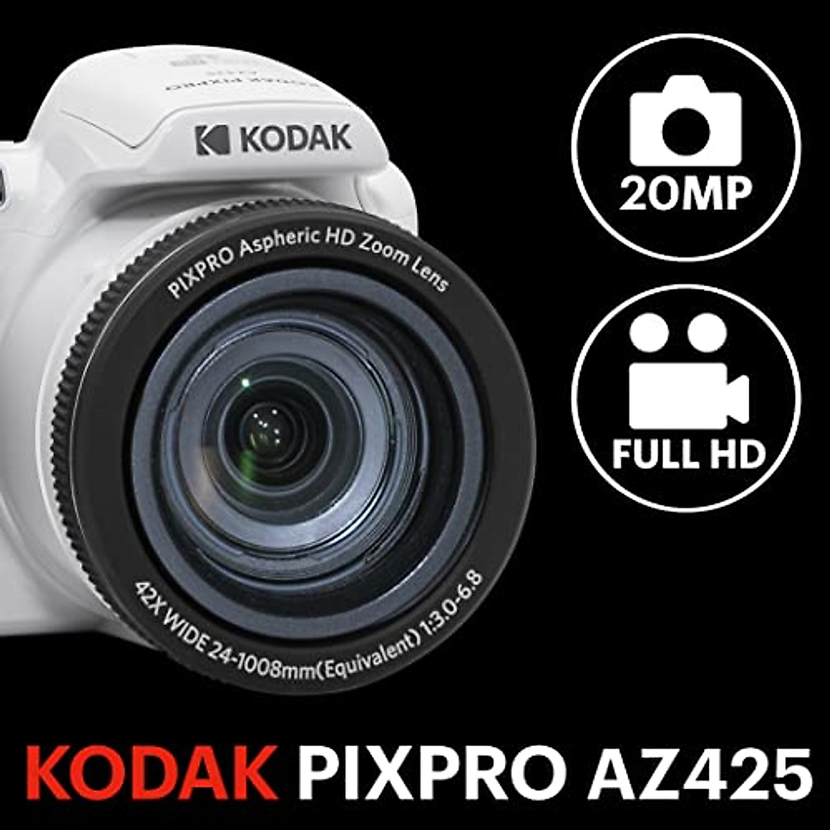 KODAK PIXPRO Astro Zoom AZ425-WH 20MP Digital Camera with 42X Optical Zoom 24mm Wide Angle 1080P Full HD Video Optical Image Stabilization Li-Ion Battery and 3" LCD (White)