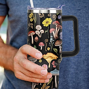 thmasamwr Mushroom Tumbler with Lid and Straw, Stainless Steel Mushroom 40oz Tumbler with Handle, Black Mushroom Travel Coffee Mug Mushroom Gifts Cups for Women and Men