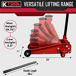 K Tool International 63131B 3 Ton Automotive Service Floor Jack for Garages, Repair Shops, and DIY, Portable, Compact, 6,000 lbs. Capacity, Hydraulic Lifting Range 5.5" - 8.75", Heavy Duty Steel, Red