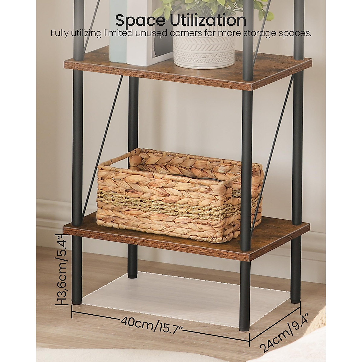 CHOEZON Narrow Book Shelf 6-Tier 67.2" Tall Bookcase with Protective Diagonal Braces, for Living Room, Bedroom, Study, Balcony, Rustic Brown and Black TCJ06BF