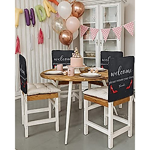 Maliyand Chair Back Cover, Welcome Please Remove Your Shoes Thanks Vintage Red High Heel Black Chair Covers Removable Chair Protector Slipcover for Dining Room, Kitchen, Restaurant, Set of 8