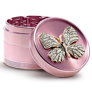 GREASURE Butterfly Pink Grinder 2.5 inch - Aluminum 4 Piece Cute Spice Grinder with Velvet Gift Pouch Bag, Scraper and Brush Tools
