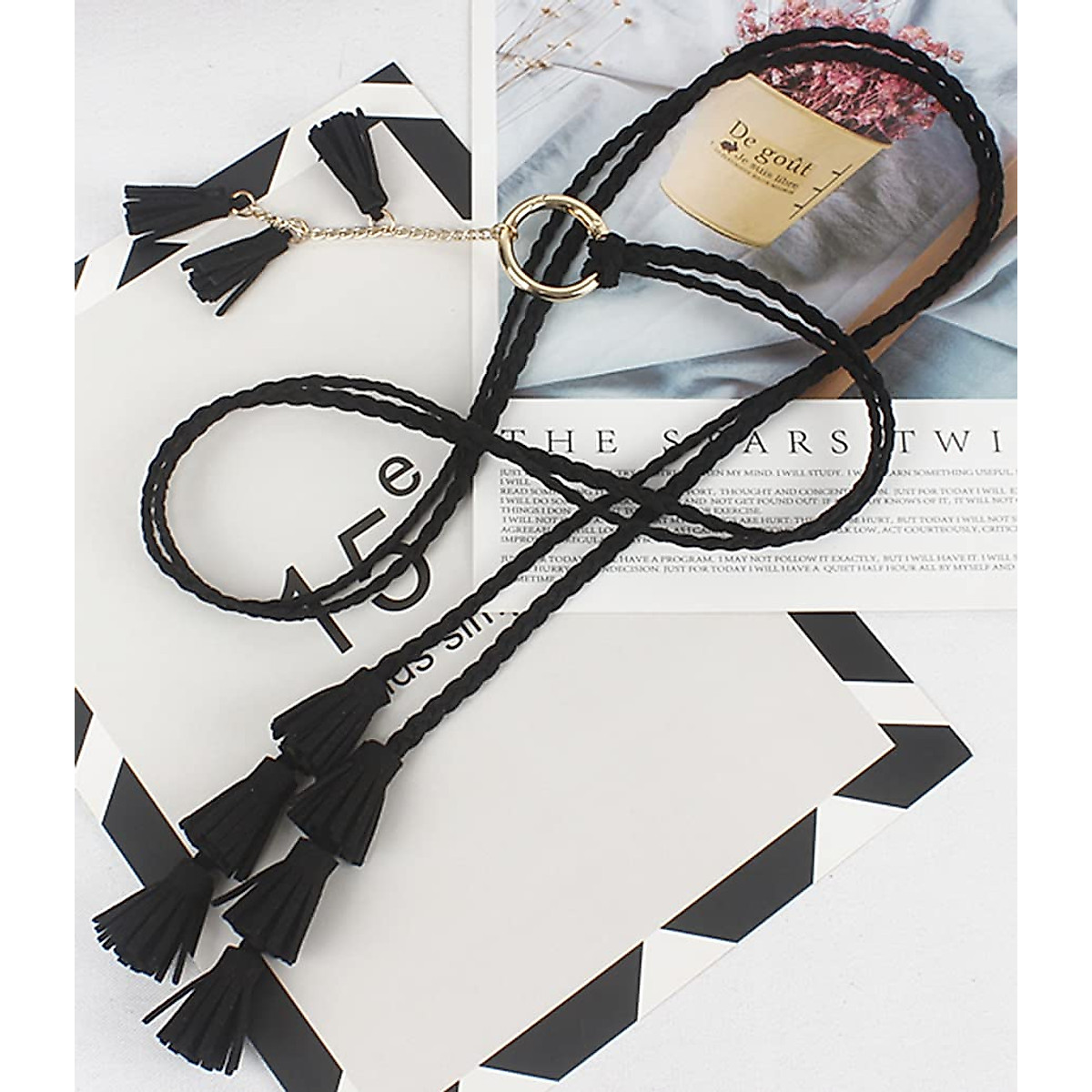 2 Pack Women Girls PU Leather Waist Belt Chain Skinny Rope with Double Tassel for Dress Skirt (1pc Black+1pc Camel)