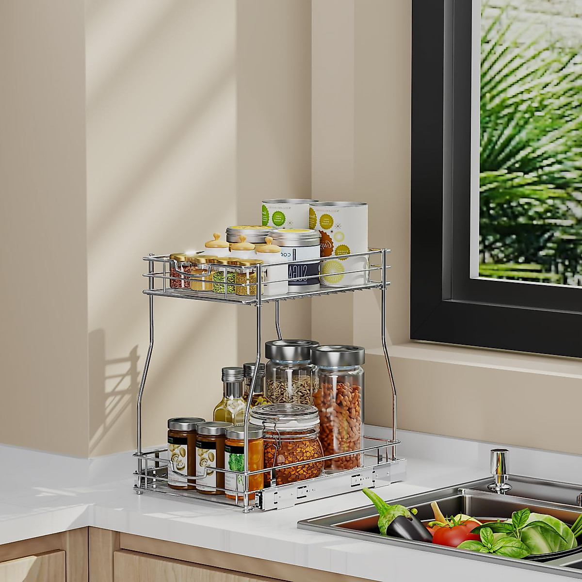 Under Sink Organizers and Storage for Bathroom Kitchen, Pull Out Cabinet Organizer, Slide Out Spice Rack Organizer for Cabinet
