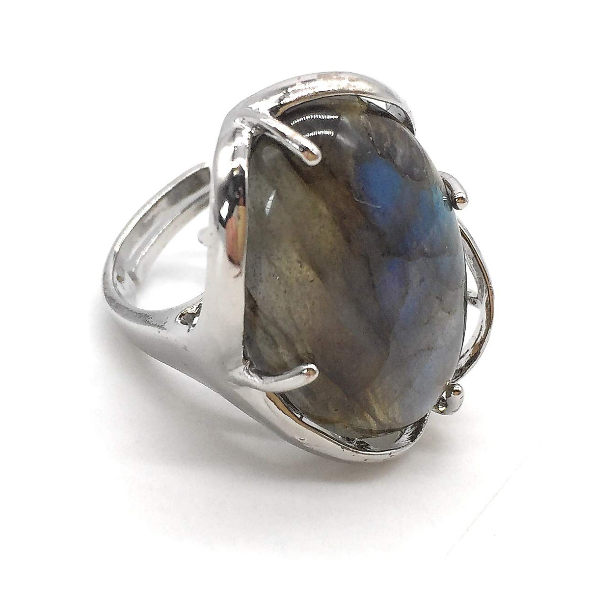 Natural Stone Adjustable Finger Rings Semi Precious Oval Shaped Gemstone Jewelry For Women Anniversary Birthday Wedding Gift (AA Quality Labrodarite)