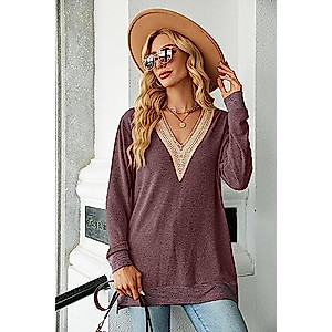 Keificle Women's V-Neck Pullover Color Blocking Long Sleeves Side Split Fall Tunic Tops (Large, 02_Purplish red)