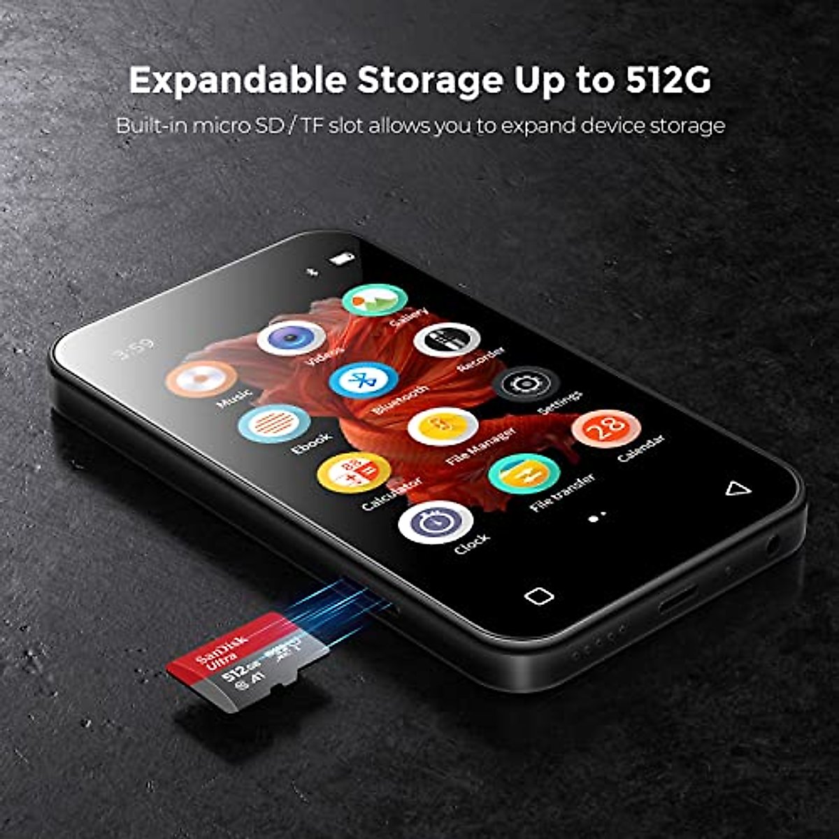 TIMMKOO MP3 Player with Bluetooth, 4.0" Full Touchscreen Mp4 Mp3 Player with Speaker, Portable HiFi Sound Mp3 Music Player with Bluetooth, Voice Recorder, E-Book, Supports up to 512GB TF Card (Black)