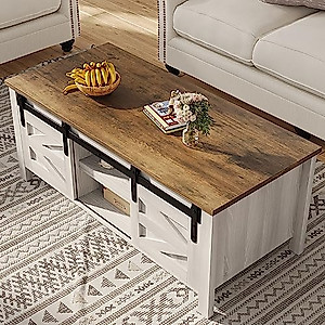 Furmax Coffee Table with Storage and Sliding Barn Doors, Farmhouse Living Room Table with Adjustable Shelves, Wood Rustic Center Table for Home Living Meeting Room (Antique White)