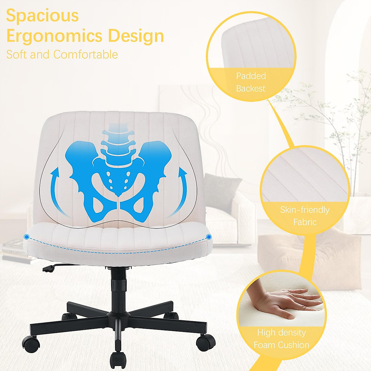 Fuqido Criss Cross Chair with Wheels, Wide Seat Cross Legged Armless Office Chair, Swivel Vanity Chair Height Adjustable, Fabric Ergonomic Office Desk Chair, Computer Chairs for Living Room Makeup