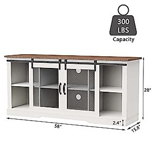 Xilingol Farmhouse TV Stand for TVs 65"+, Modern Entertainment Center 58" W, Television Cabinets with Double Sliding Barn Door & Storage Shelves, Media Console for Living Room, White