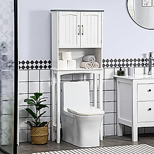 kleankin Modern Over The Toilet Storage Cabinet, Double Door Over Toilet Bathroom Organizer with Adjustable Shelf and Open Shelf, Grey