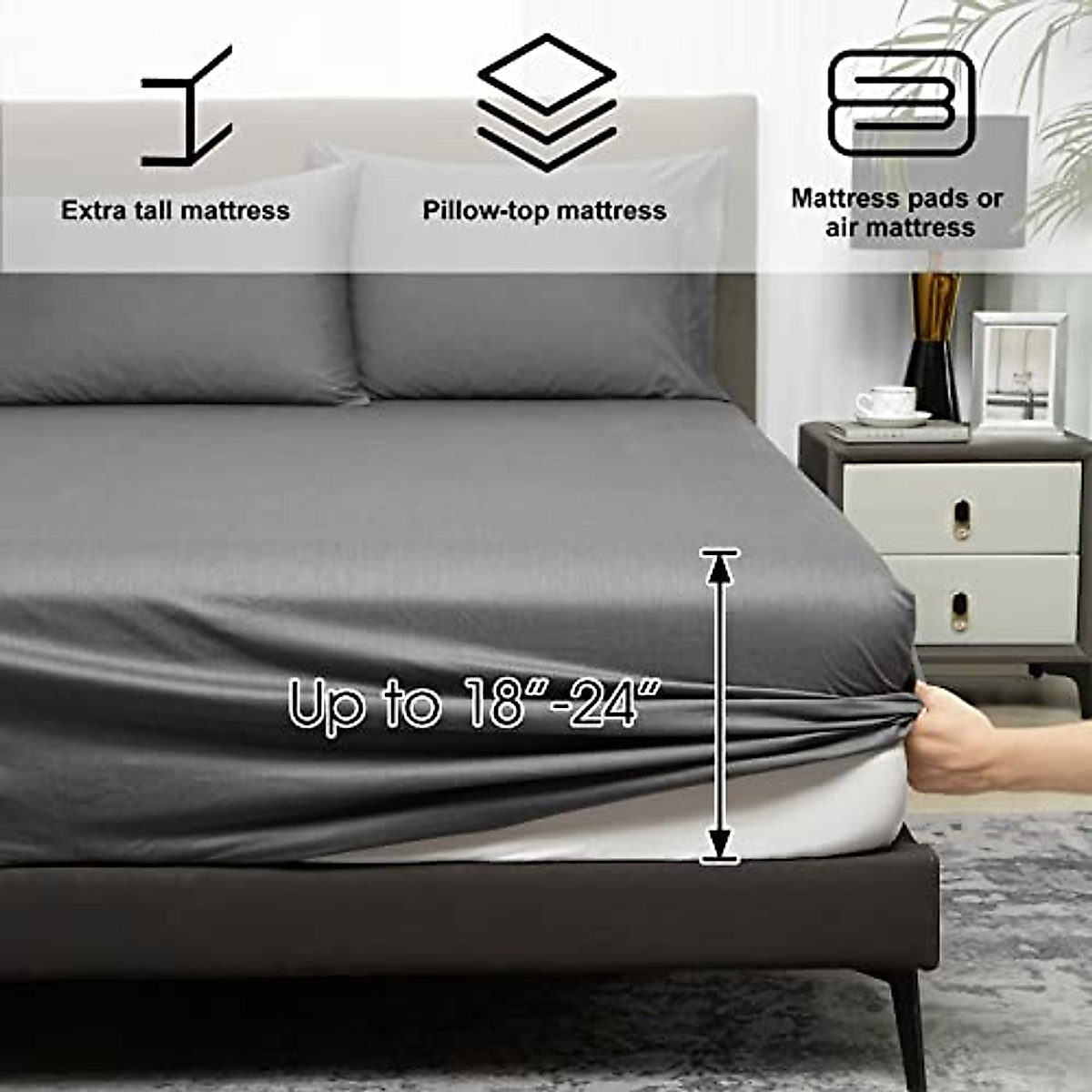 HYPREST Extra Deep Pocket Cal King Sheet Sets Fits 18"-24" in Deep Mattress -100% Cotton California King Sheet Set 400 Thread Count, Grey Hotel Luxury Soft Wrinkle Free Cooling Sheet Sets Deep Pocket