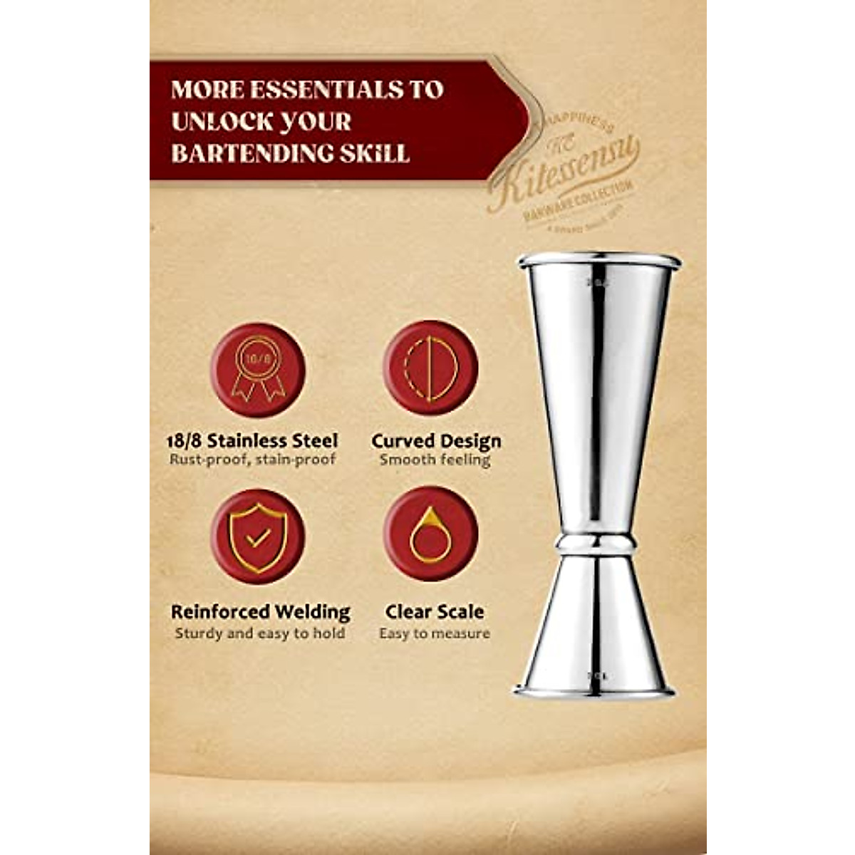 KITESSENSU Jigger for Bartending, Japanese Jigger 2 oz 1 oz with Measurements Inside, 18/8 Stainless Steel Cocktail Jiggers