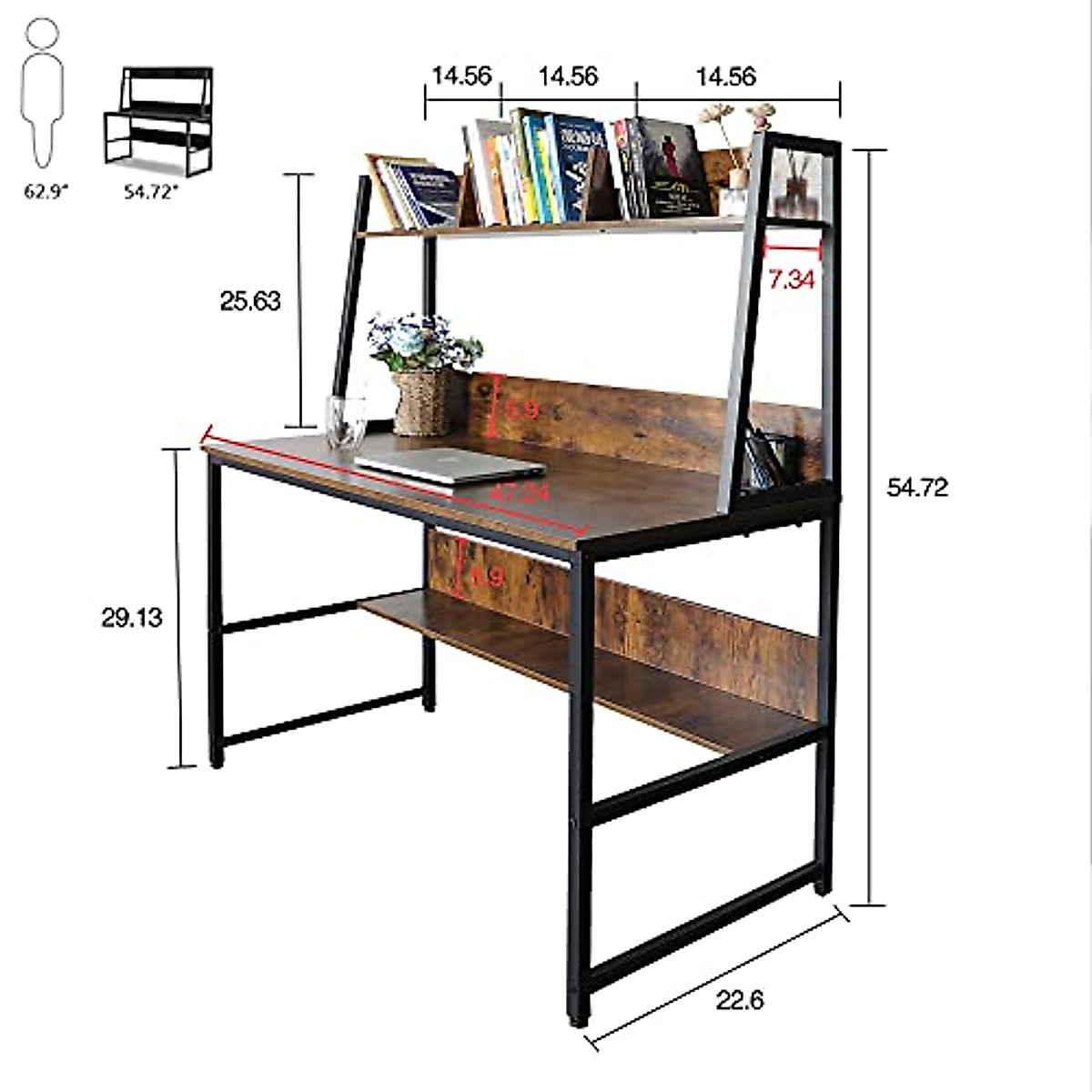 MJWDP Computer Desk PC Laptop Study Table Workstation with Hutch Bookshelf 47 Inch Home Office Space Saving Design Black/Dark Walnut (Color : D)